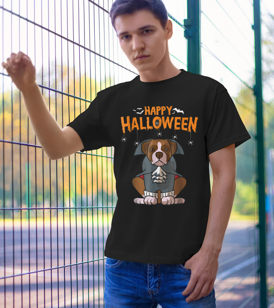 Happy Halloween Funny Boxer Dog Costume With Bats And Spiders T-Shirt
