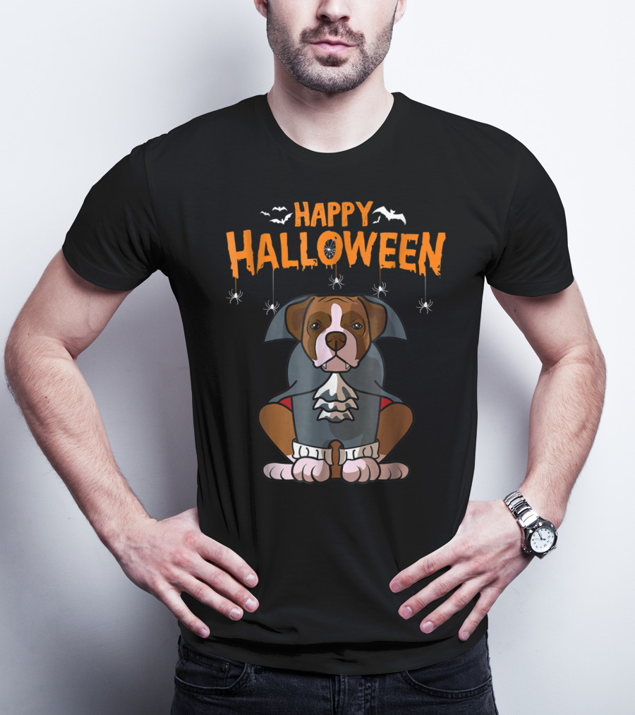 Happy Halloween Funny Boxer Dog Costume With Bats And Spiders T-Shirt