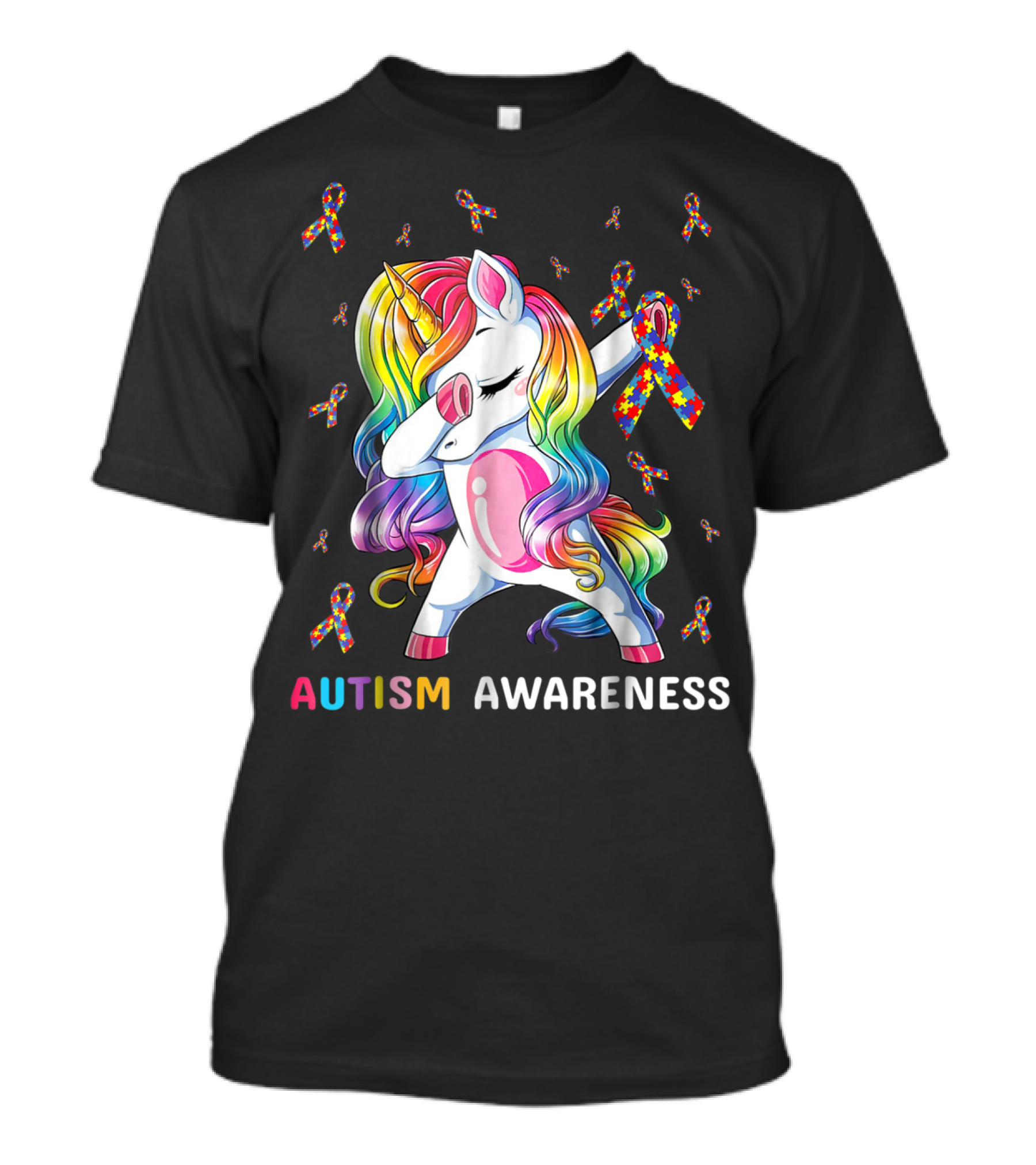 Autism Awareness Unicorn Dabbing With Rainbow Puzzle Ribbons T-Shirt