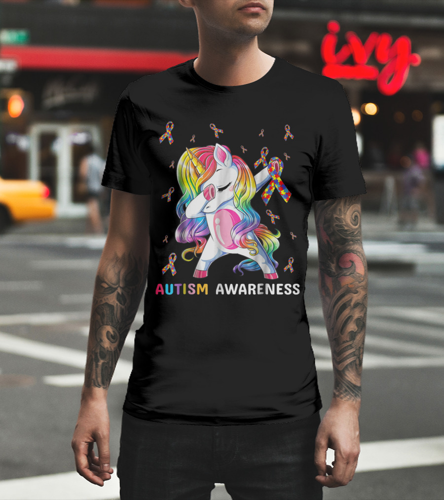 Autism Awareness Unicorn Dabbing With Rainbow Puzzle Ribbons T-Shirt