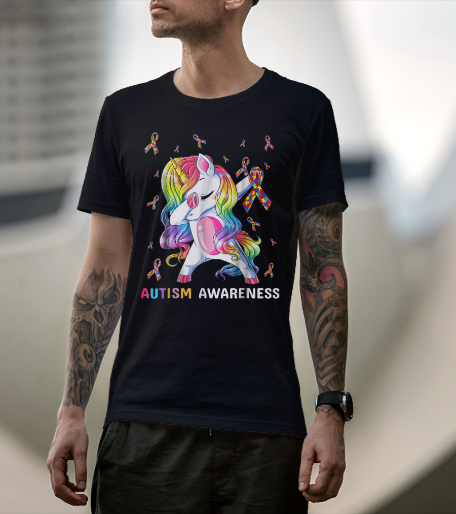 Autism Awareness Unicorn Dabbing With Rainbow Puzzle Ribbons T-Shirt