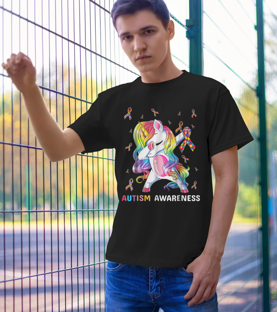 Autism Awareness Unicorn Dabbing With Rainbow Puzzle Ribbons T-Shirt