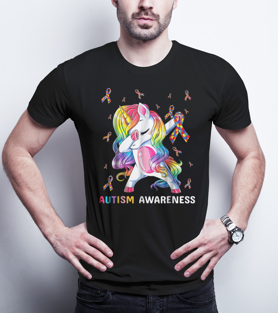 Autism Awareness Unicorn Dabbing With Rainbow Puzzle Ribbons T-Shirt