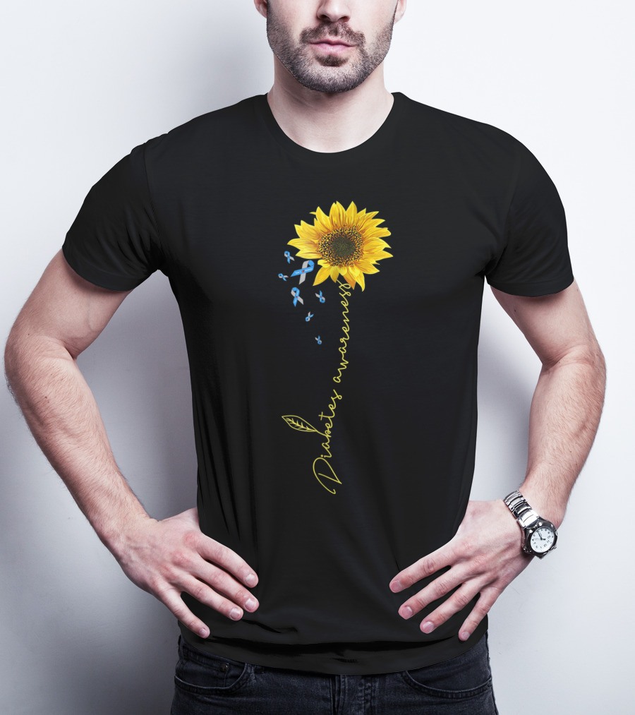 Diabetes Awareness Sunflower With Blue Ribbons T-Shirt