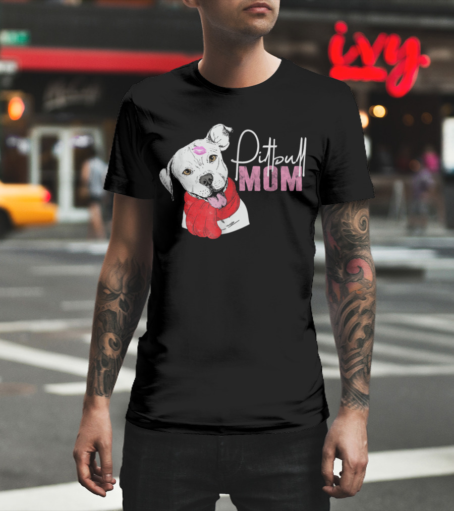 Pitbull Mom Pittie With Kissed Face And Red Scarf T-Shirt
