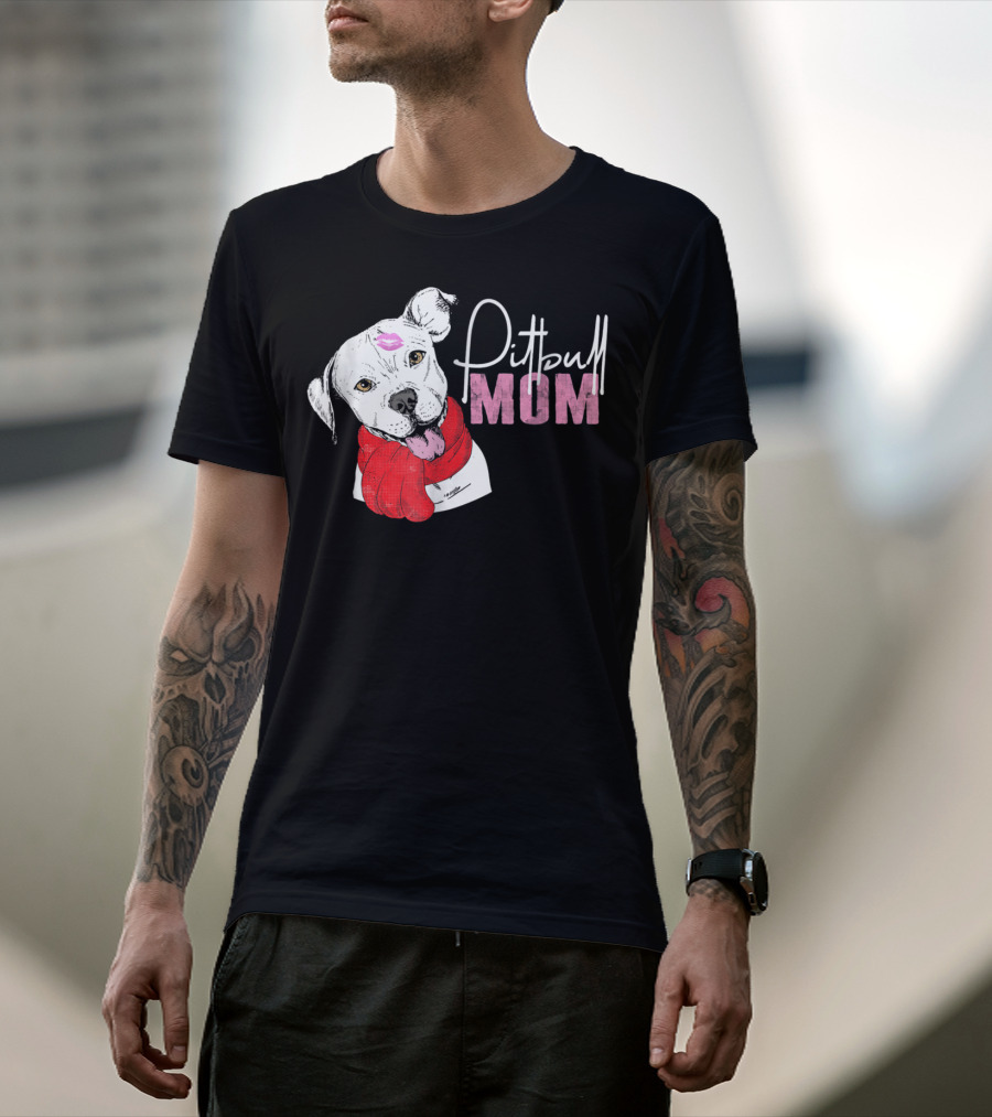 Pitbull Mom Pittie With Kissed Face And Red Scarf T-Shirt