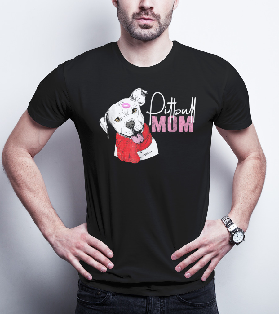 Pitbull Mom Pittie With Kissed Face And Red Scarf T-Shirt