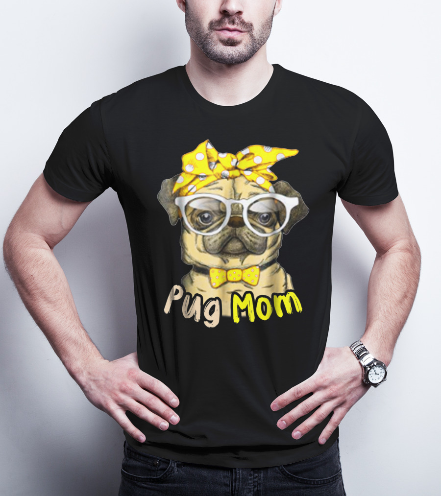 Pug Mom With Yellow Polka Dot Bow And Glasses For Dog Lovers T-Shirt