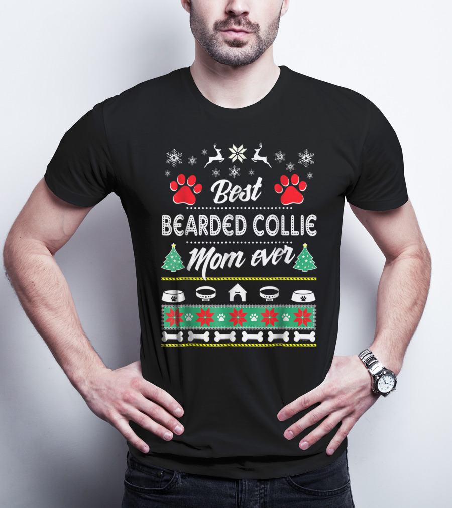 Best Bearded Collie Mom Ever Snowflake Reindeer Paw Print Christmas T-Shirt