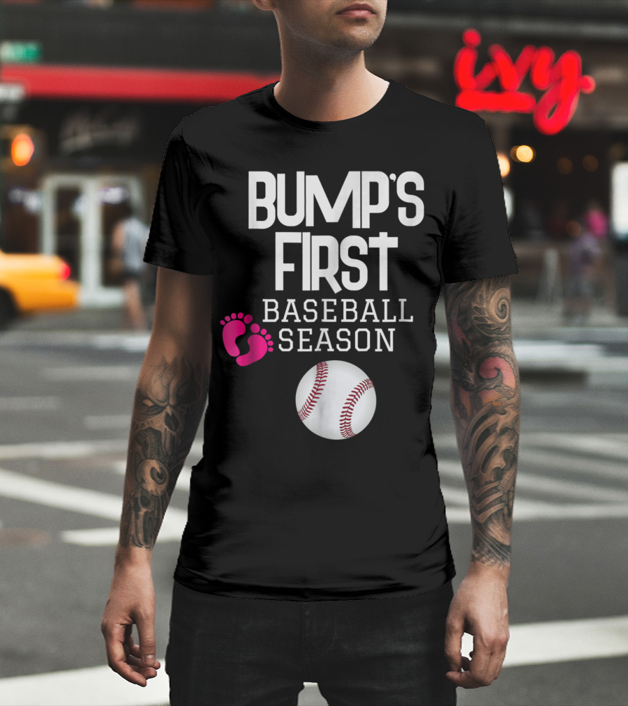 Bump's First Baseball Season New Mom To Be With Baby Footprints And Baseball T-Shirt