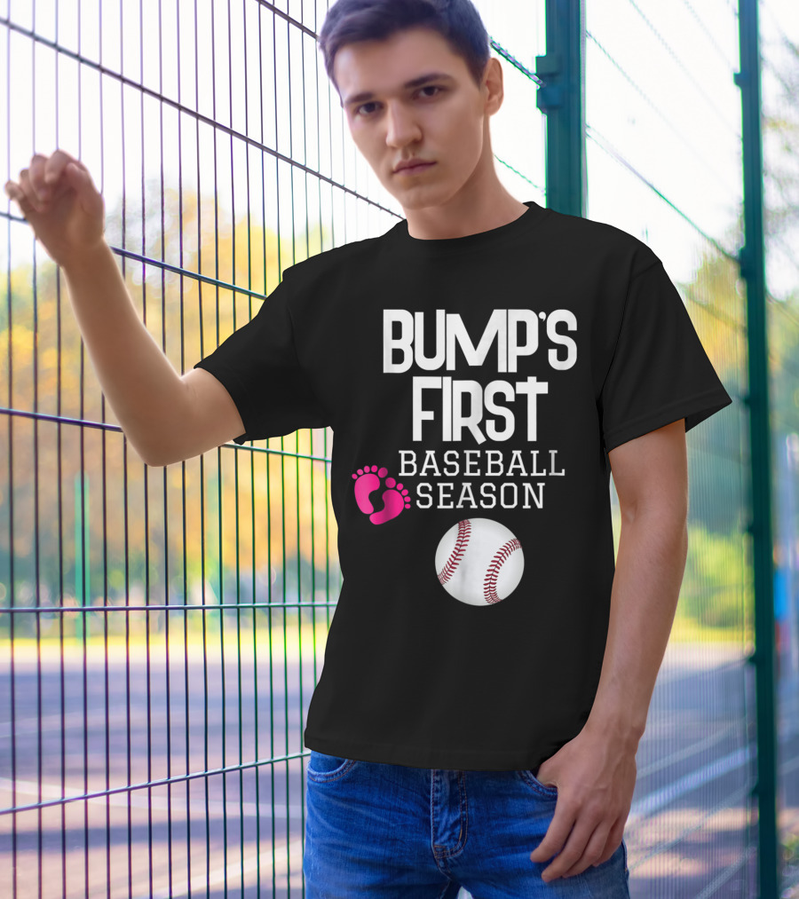 Bump's First Baseball Season New Mom To Be With Baby Footprints And Baseball T-Shirt