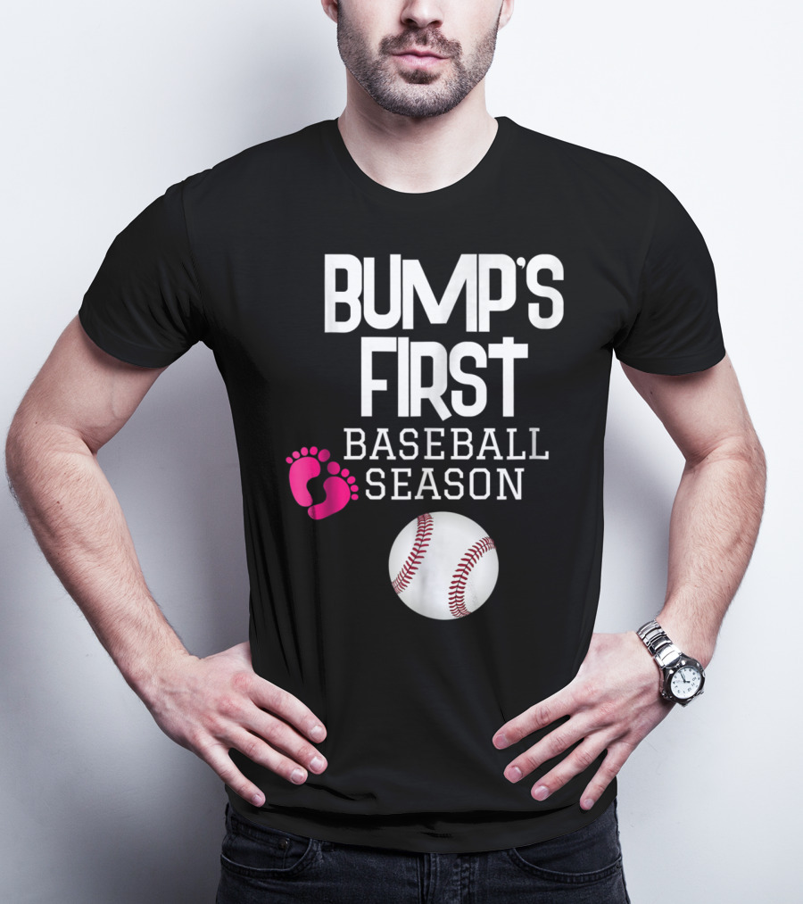 Bump's First Baseball Season New Mom To Be With Baby Footprints And Baseball T-Shirt