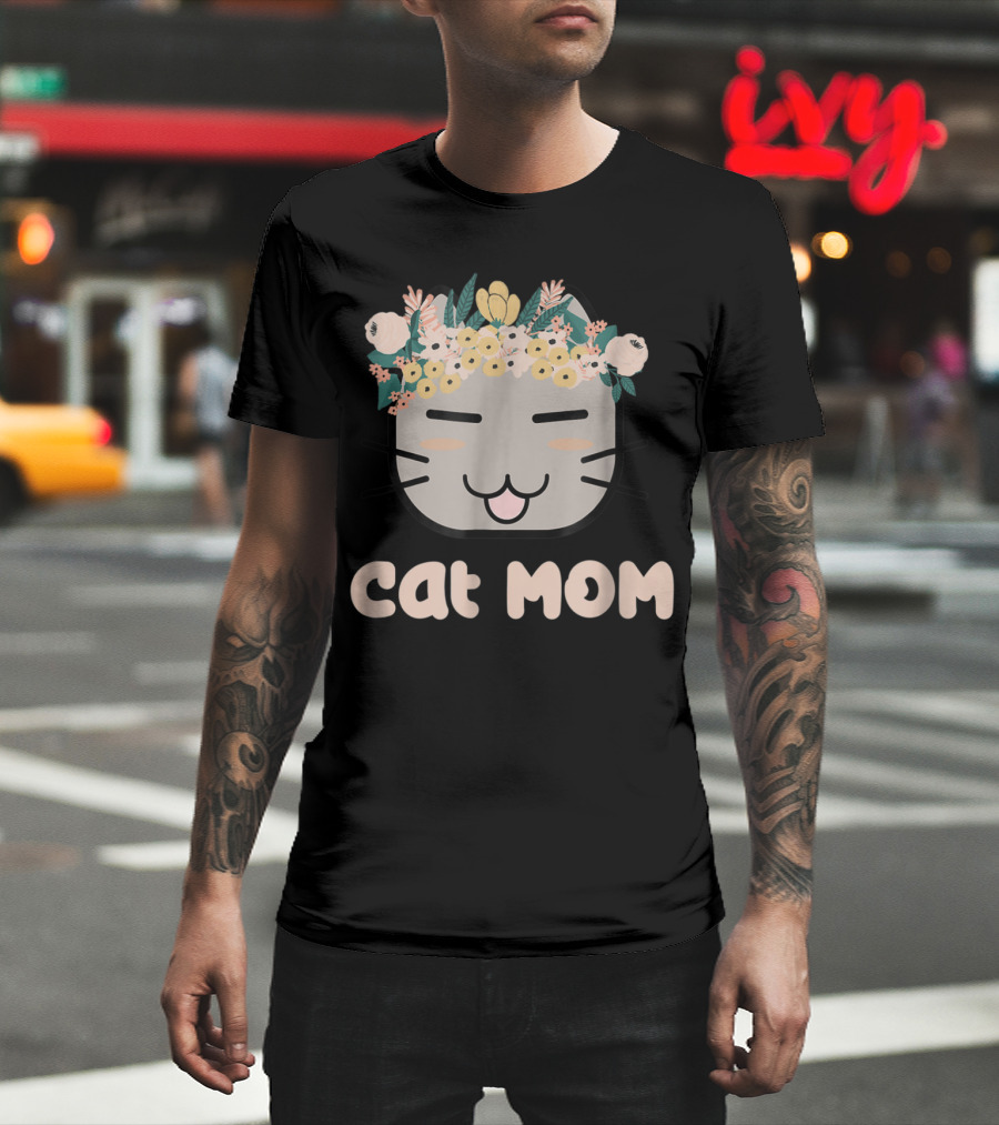 Cat Mom Floral Cat With Flower Crown T-Shirt