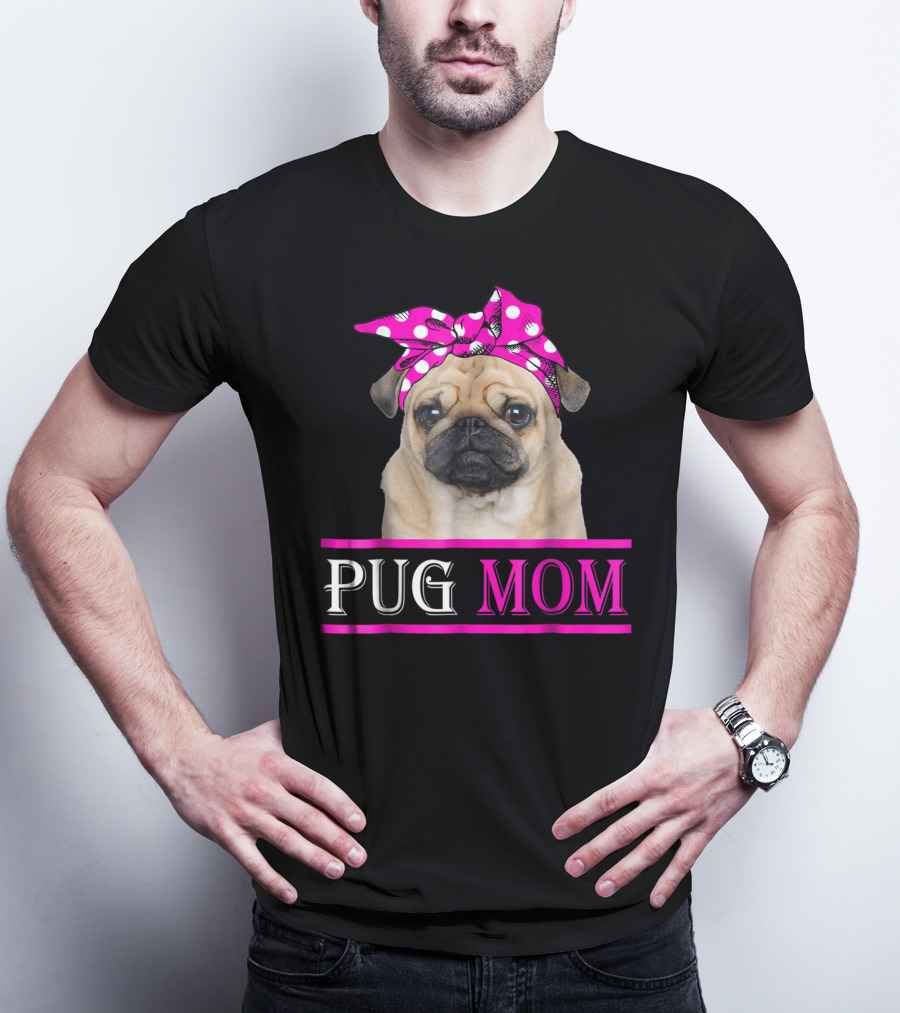 Pug Mom Cute Dog With Pink Polka Dot Bow T-Shirt