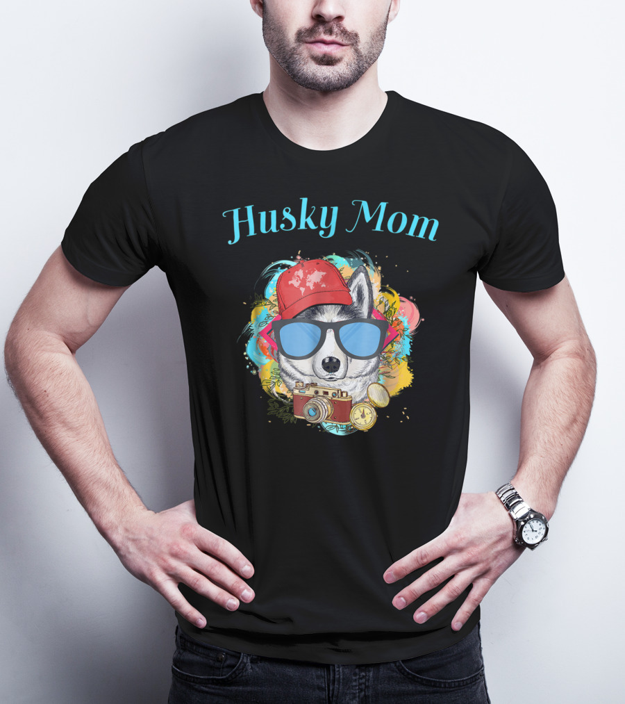 Husky Mom Dog With Red Cap And Sunglasses Surrounded By Camera T-Shirt