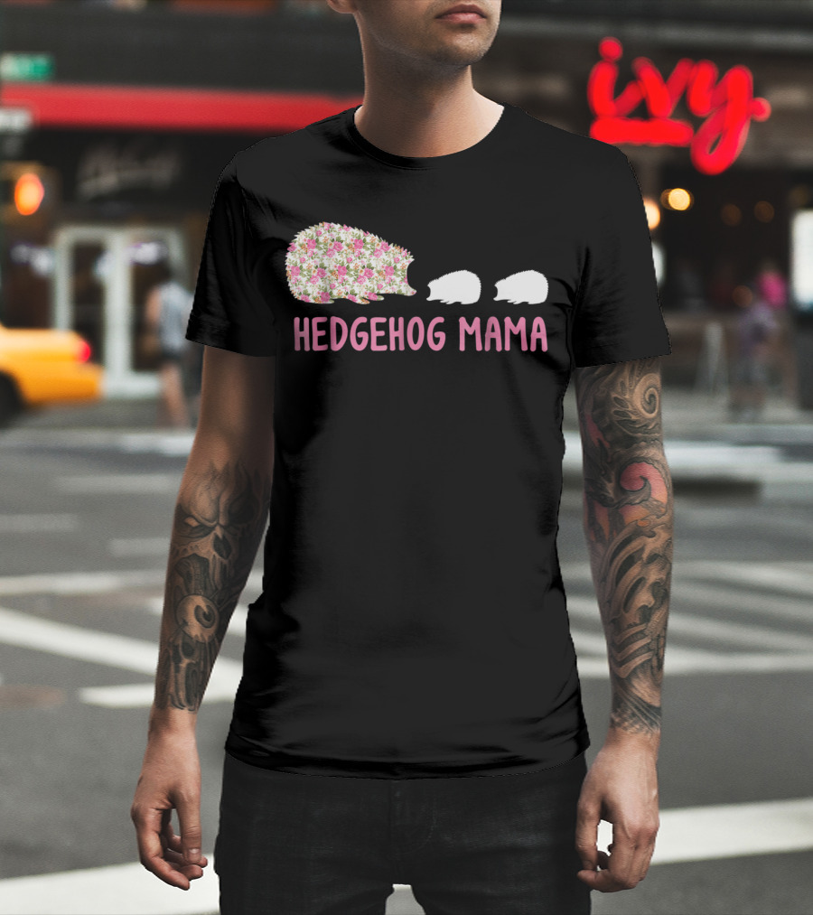 Hedgehog Mama With Floral Pattern And Babies T-Shirt