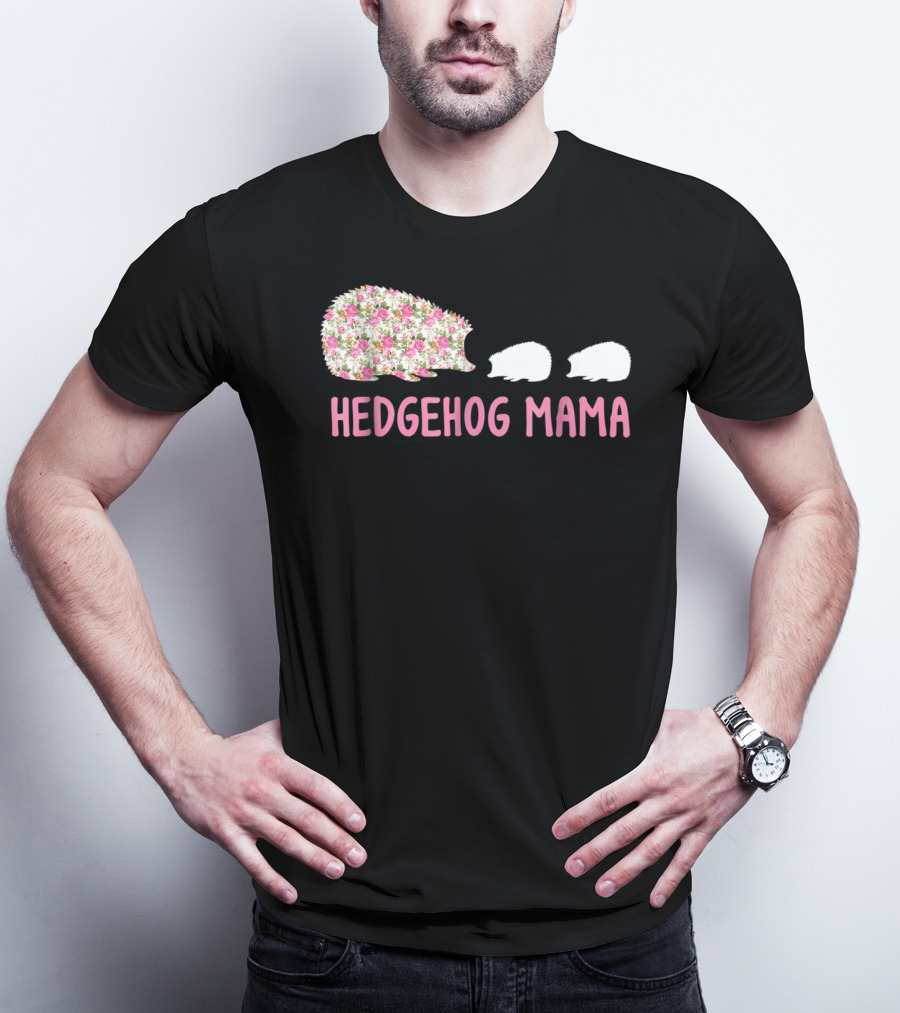 Hedgehog Mama With Floral Pattern And Babies T-Shirt