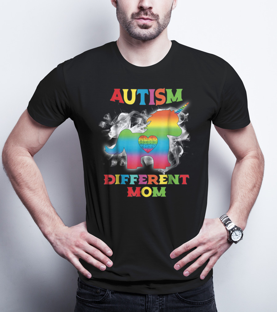 Autism Different Mom Rainbow Puzzle Heart Unicorn T-Shirt