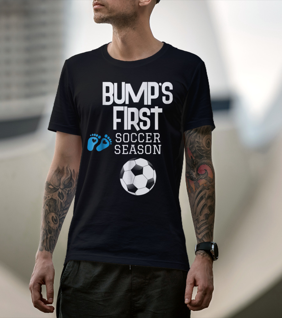Bump's First Soccer Season New Mom To Be With Baby Footprints And Soccer Ball T-Shirt