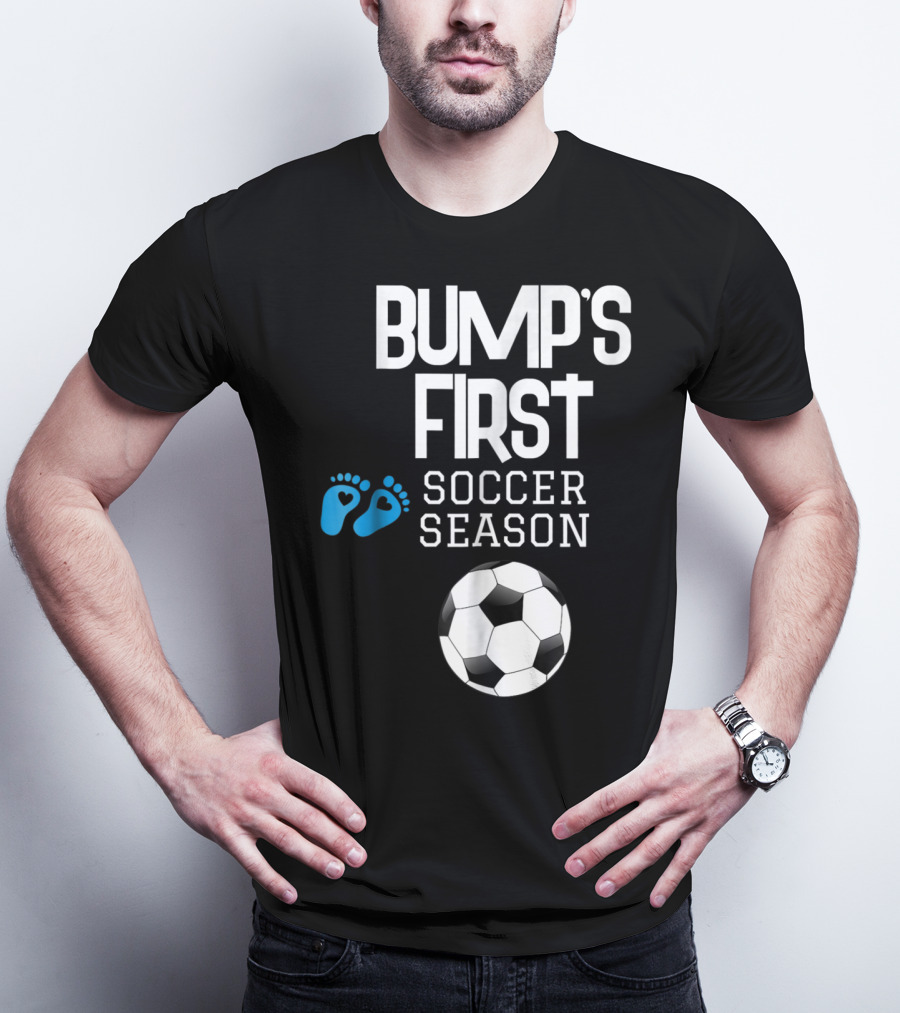 Bump's First Soccer Season New Mom To Be With Baby Footprints And Soccer Ball T-Shirt
