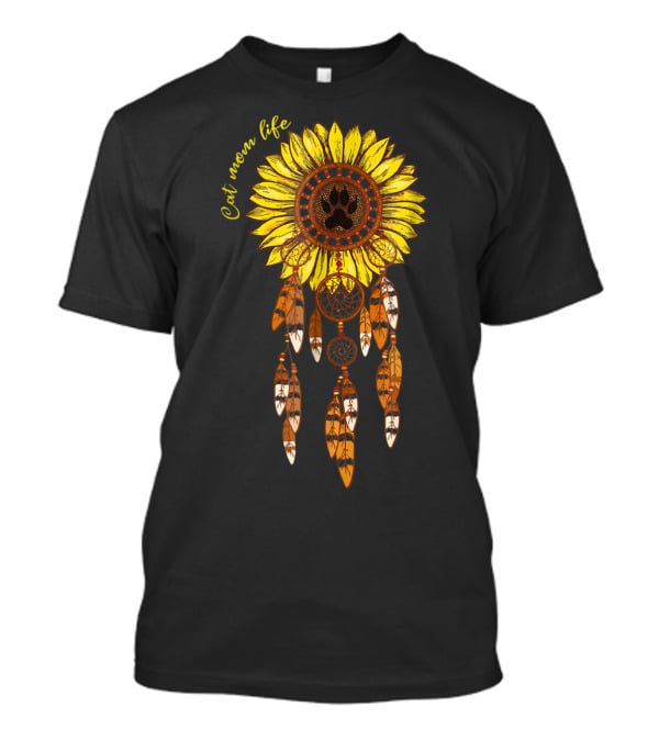 Cat Mom Life Sunflower Dreamcatcher Pawprint Hippie Girl T-Shirt