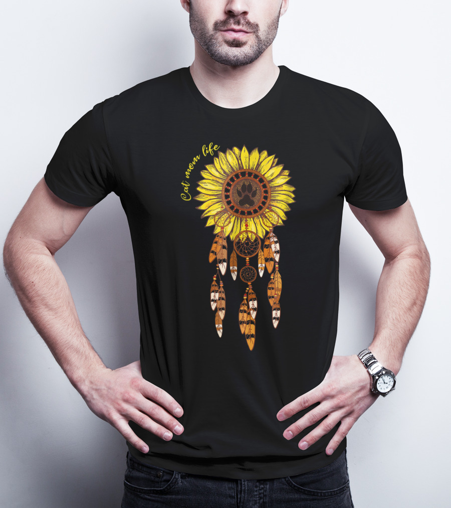 Cat Mom Life Sunflower Dreamcatcher Pawprint Hippie Girl T-Shirt