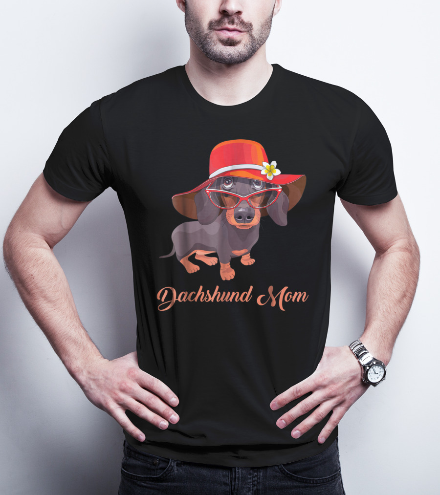 Dachshund Mom Mom Of Dachshund Dogs Pet Puppies With Red Hat And Glasses T-Shirt