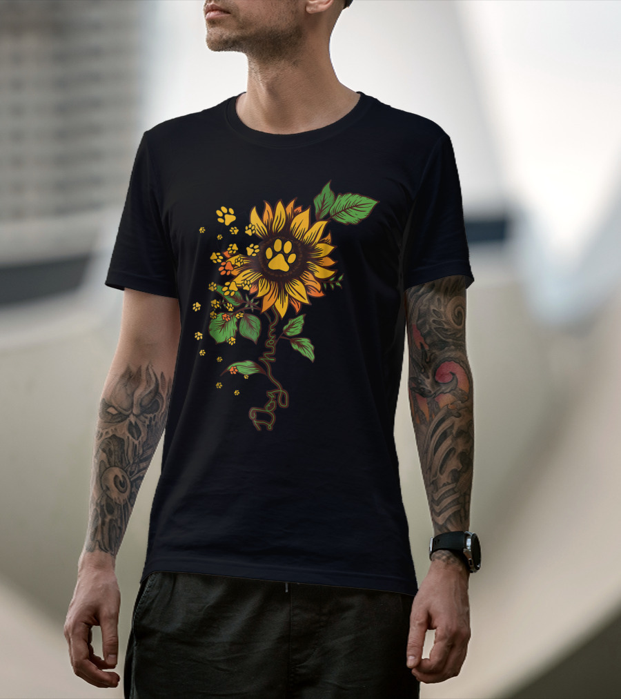 DOG MOM PAW PRINT SUNFLOWER WITH LEAVES T-Shirt