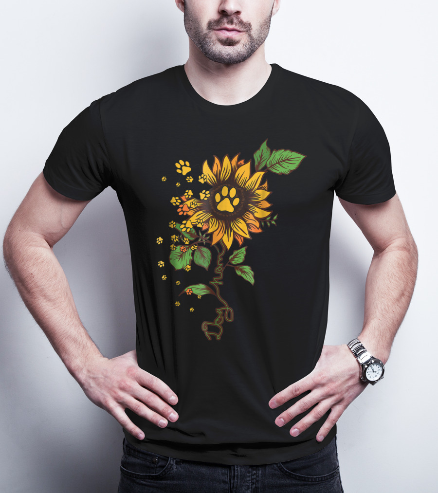 DOG MOM PAW PRINT SUNFLOWER WITH LEAVES T-Shirt