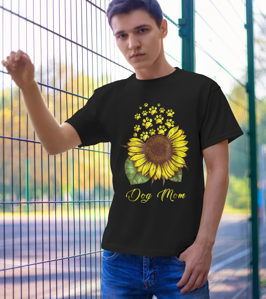 Dog Mom Sunflower With Paw Print Accents T-Shirt
