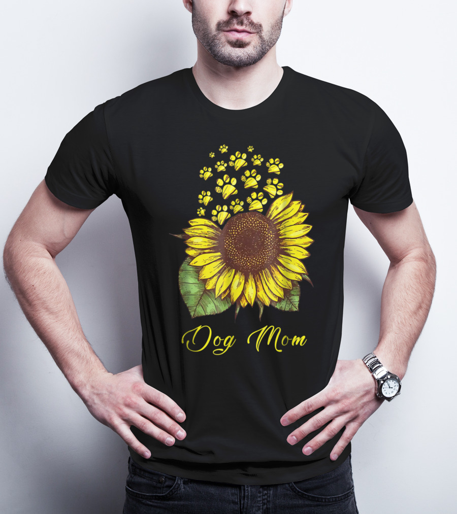 Dog Mom Sunflower With Paw Print Accents T-Shirt