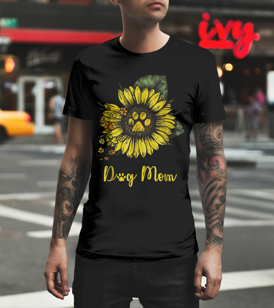 Dog Mom Paw Print Sunflower Blossom T-Shirt