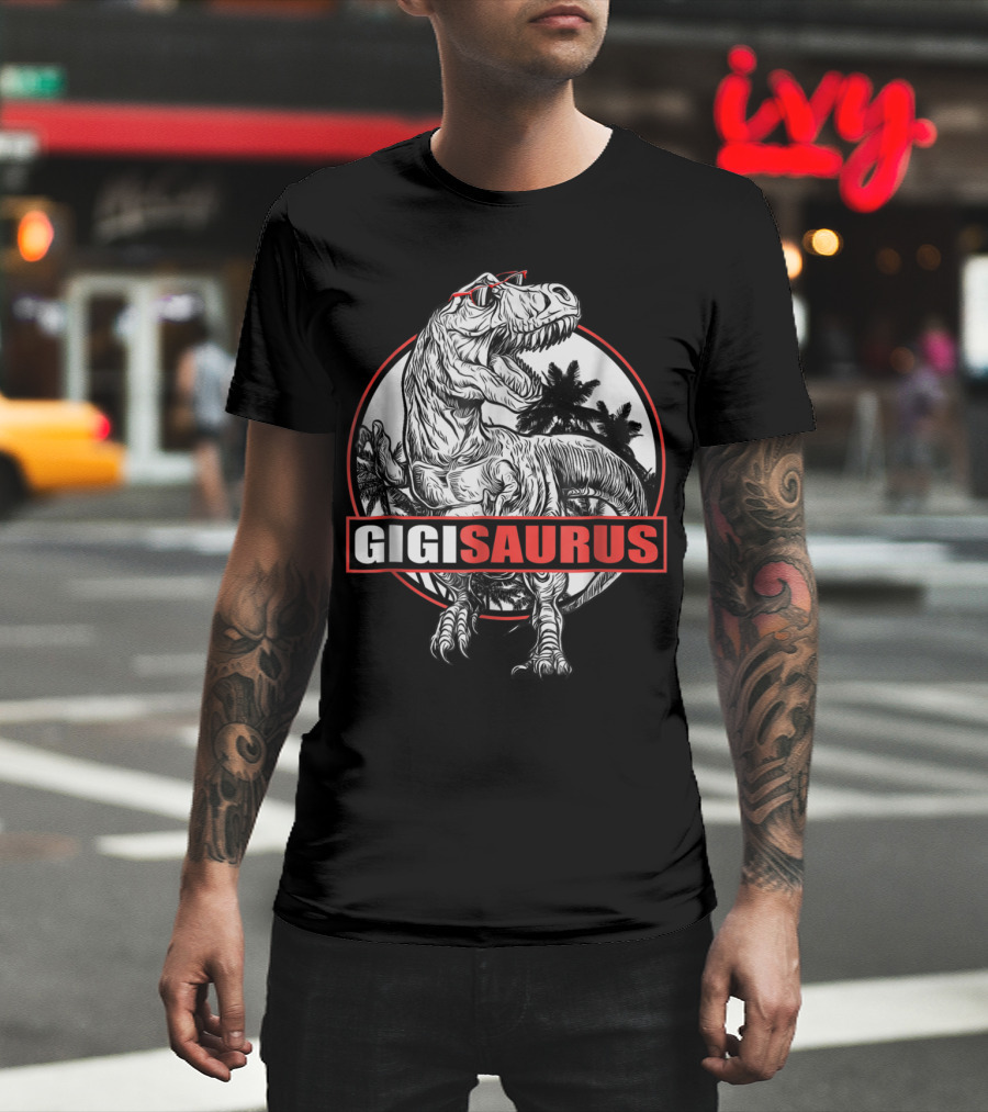GigiSaurus Dinosaur Gigi Saurus T-Rex Palm Trees Red Glasses Circle T-Shirt