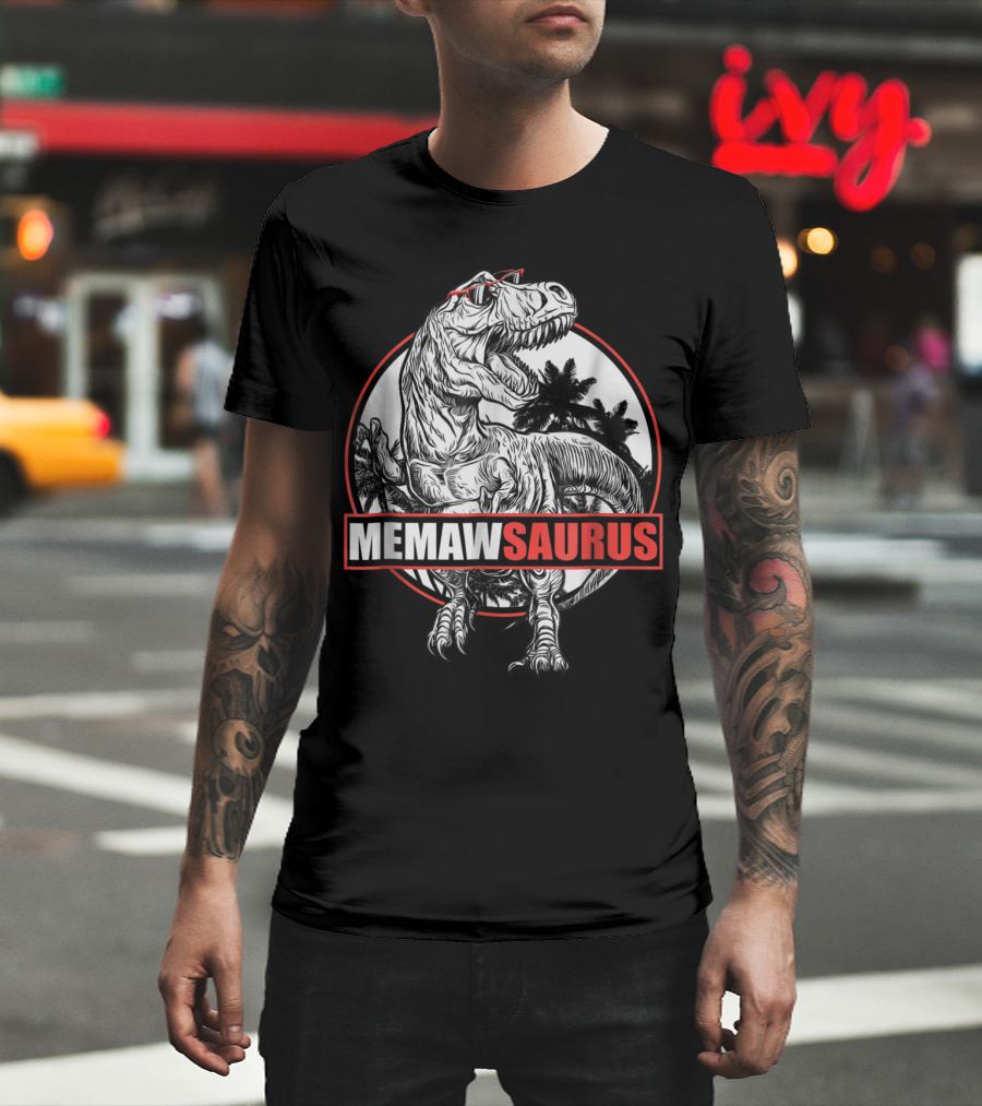 MemawSaurus Dinosaur With Sunglasses Black And Red Outline T-Shirt