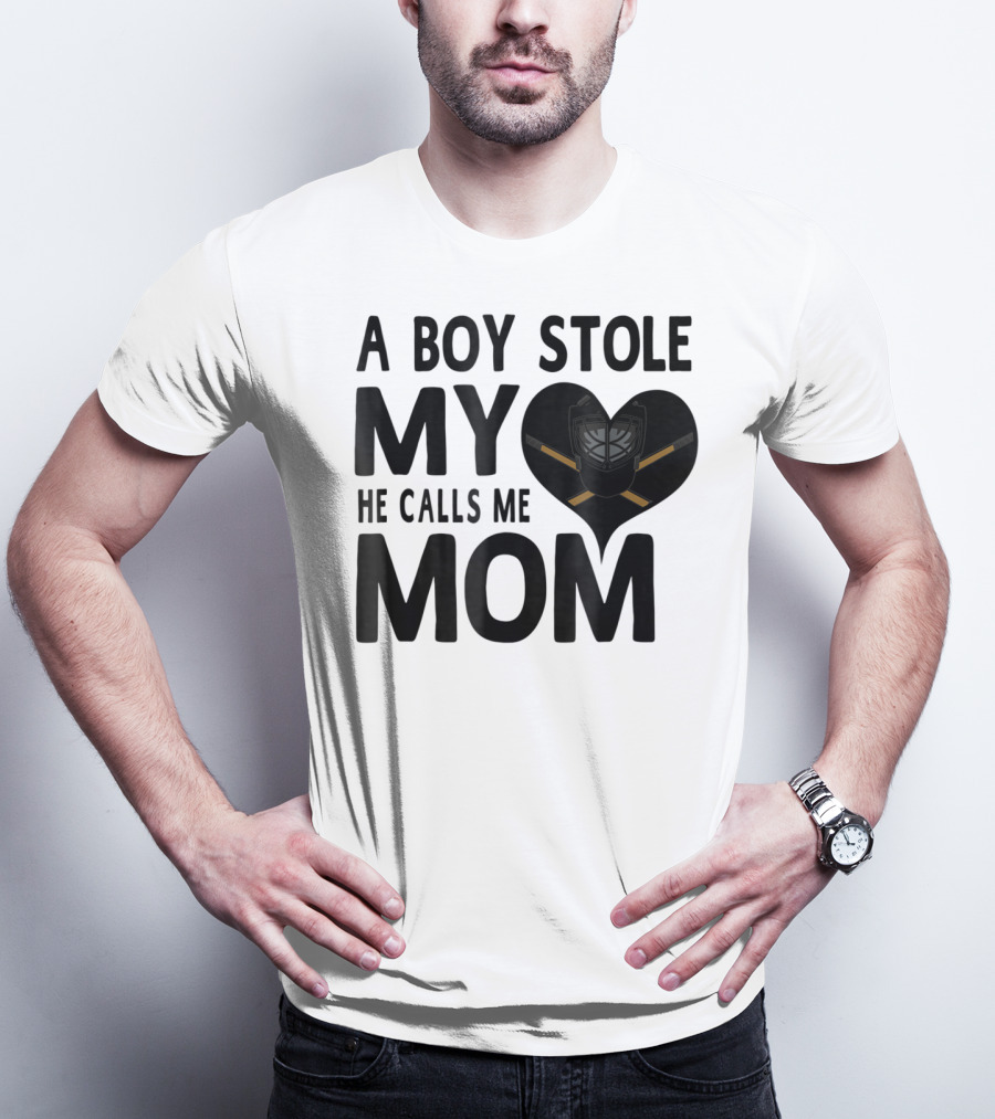 A Boy Stole My Heart He Calls Me Mom Hockey Heart Mask T-Shirt