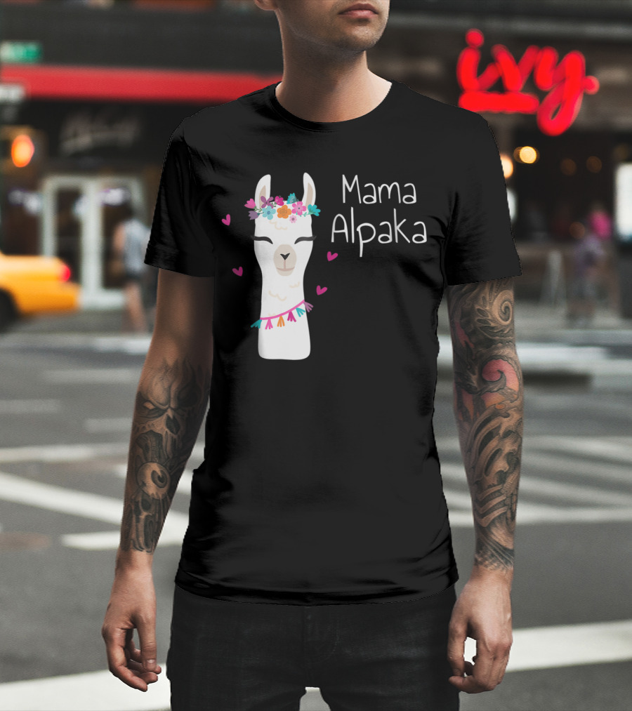 Mama Alpaka Funny Cute Floral Hearts T-Shirt