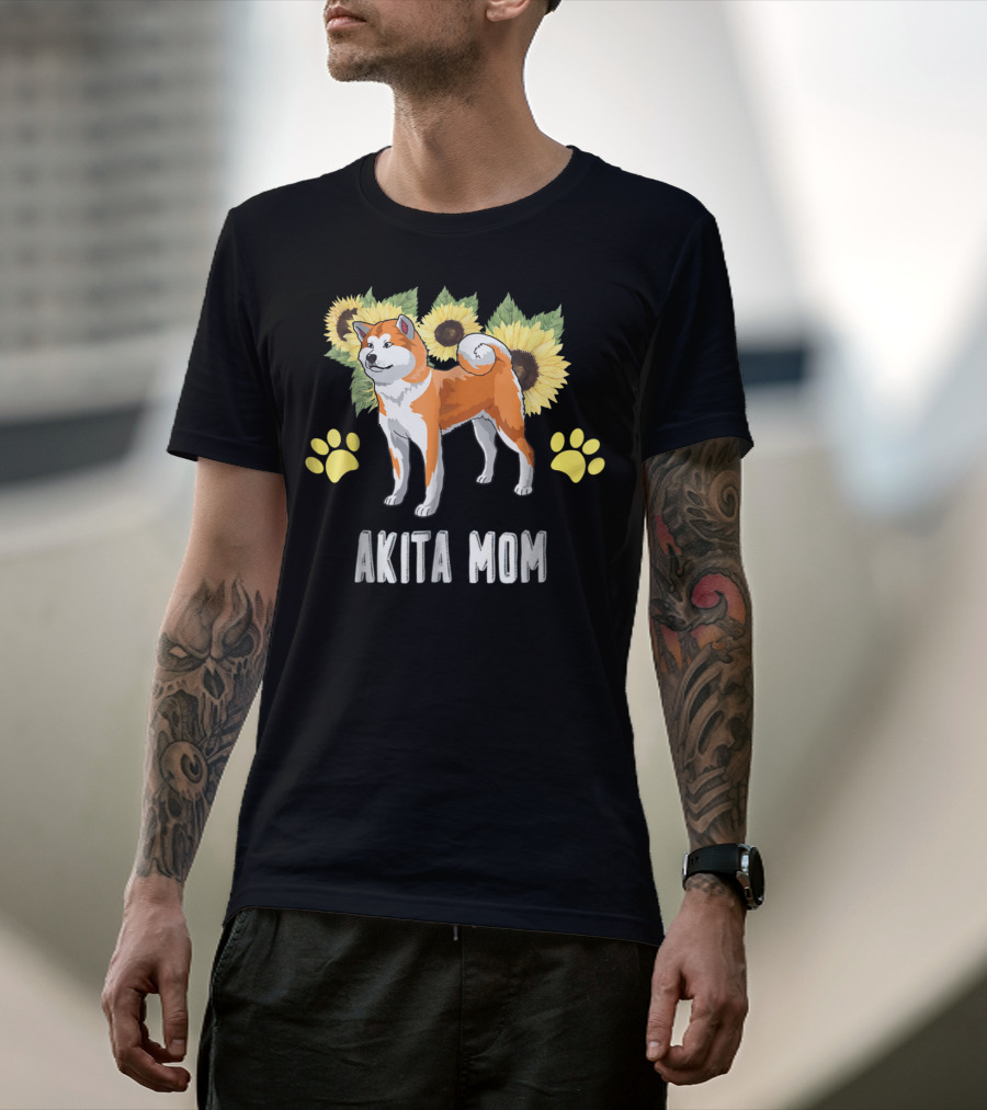 Akita Mom Sunflower With Paw Print Elements T-Shirt