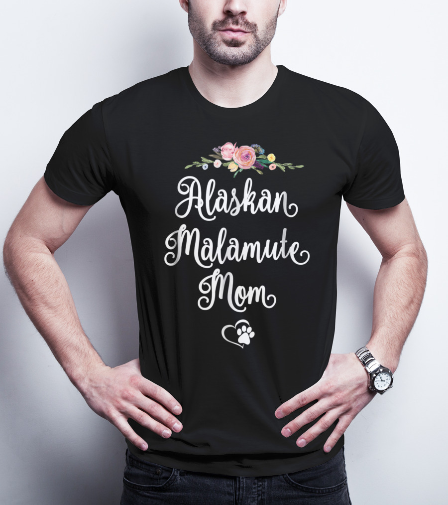 Alaskan Malamute Mom Floral Heart Paw T-Shirt