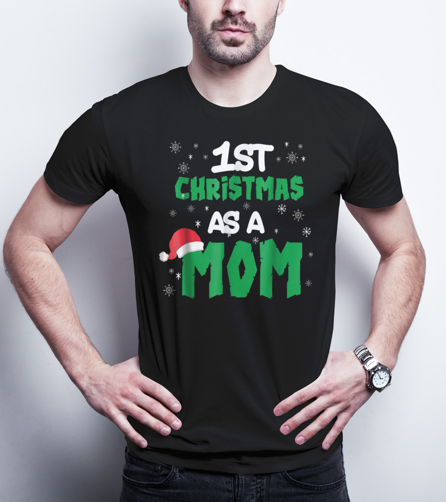 1st Christmas As A Mom Santa Hat Snowflakes T-Shirt