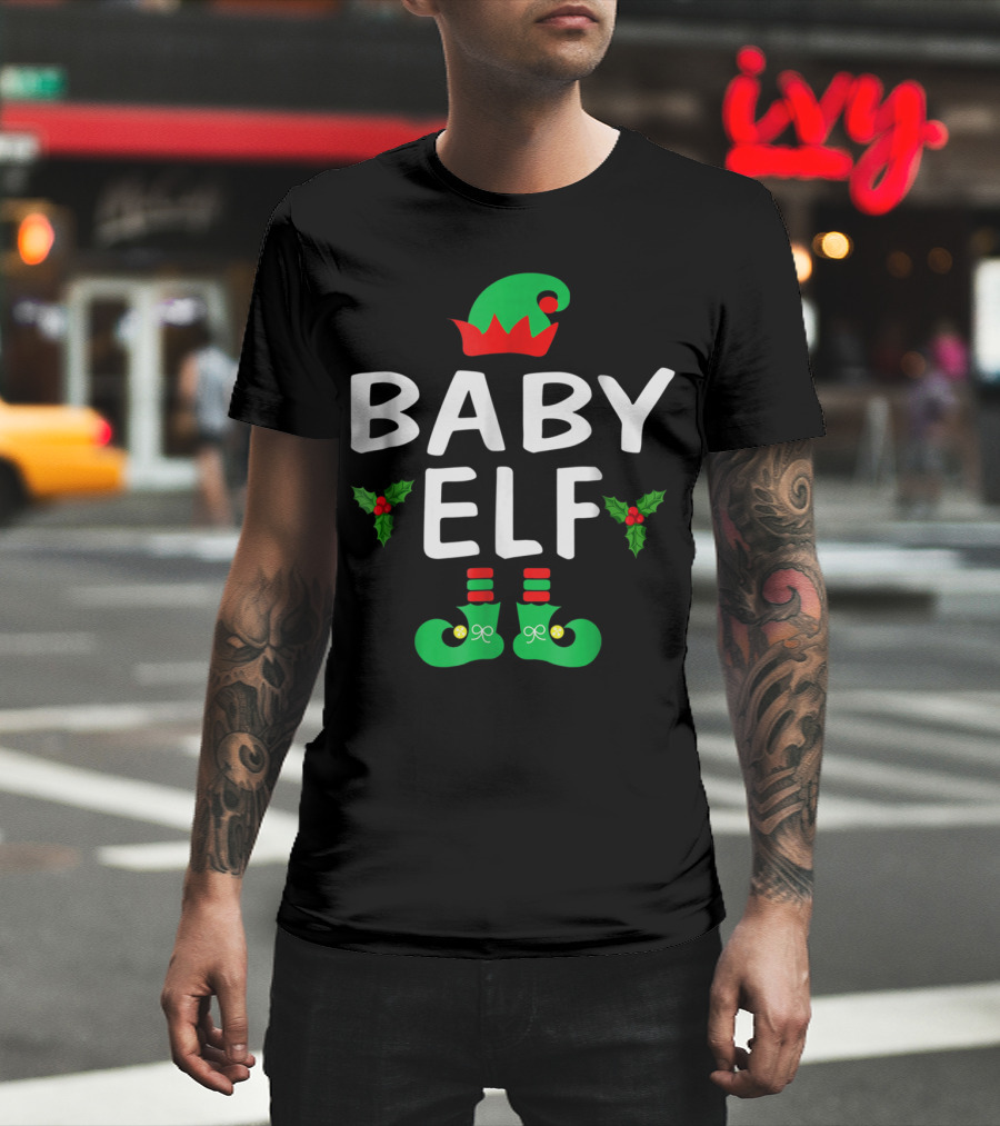 BABY ELF Christmas Green Hat Holly Boots T-Shirt