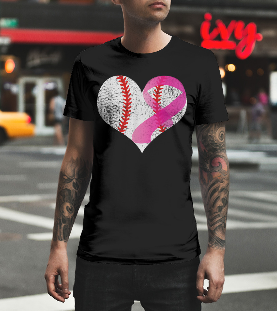 Baseball Heart Pink Ribbon Breast Cancer Awareness Mom81 T-Shirt