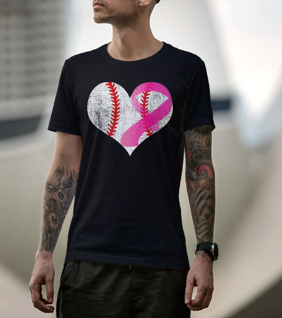 Baseball Heart Pink Ribbon Breast Cancer Awareness Mom81 T-Shirt