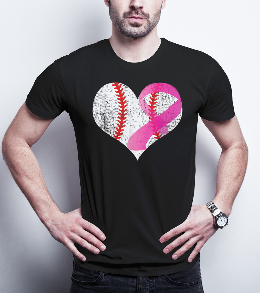 Baseball Heart Pink Ribbon Breast Cancer Awareness Mom81 T-Shirt