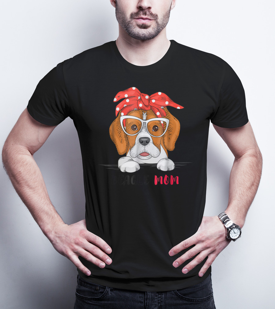 Beagle Mom With Glasses And Red Bow T-Shirt
