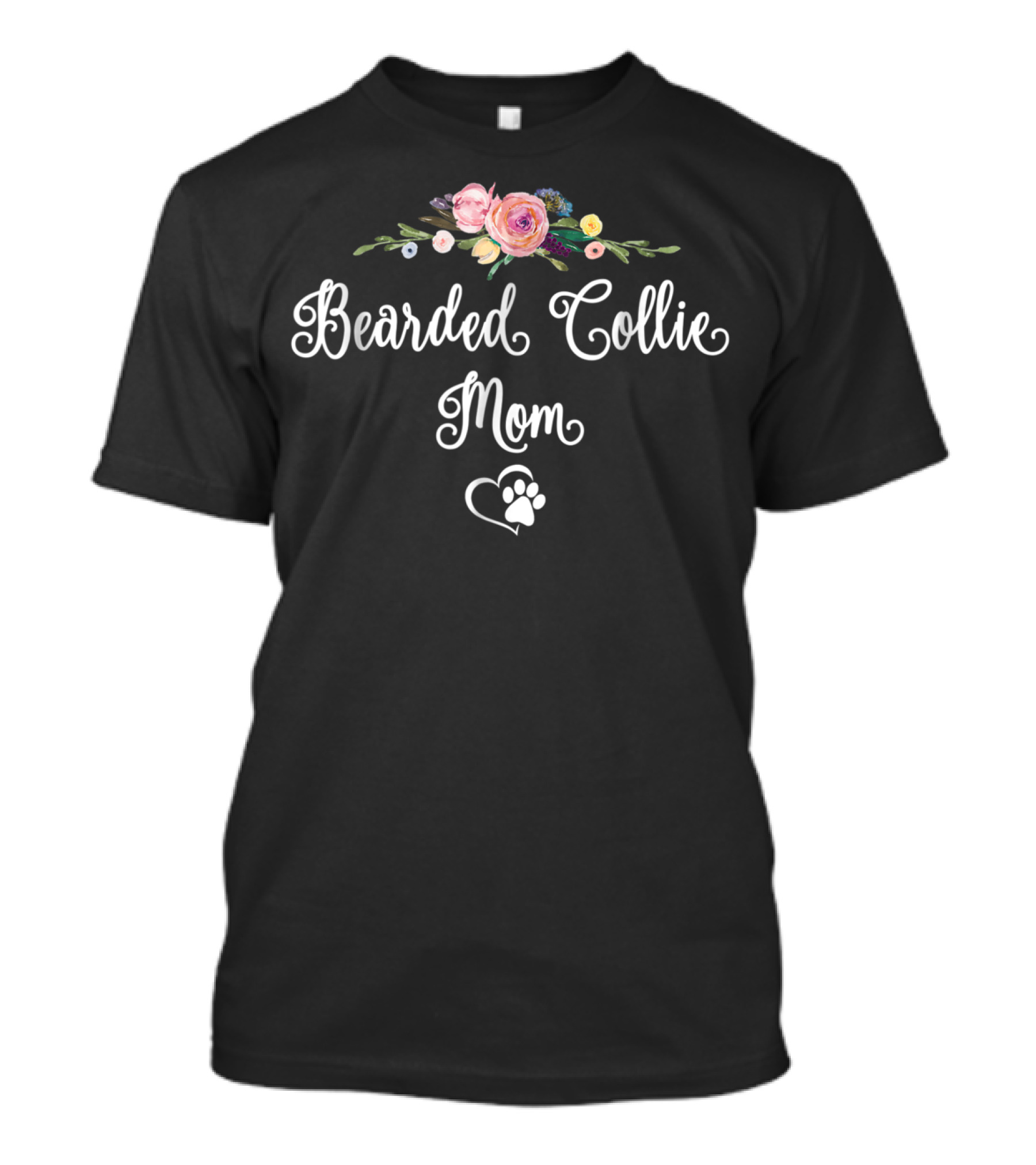 Bearded Collie Dog Mom Floral Heart Paw Prints T-Shirt