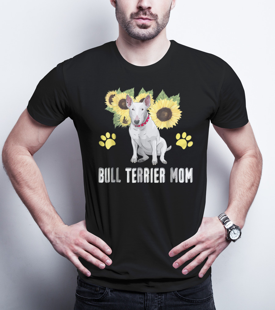 Bull Terrier Mom With Sunflowers And Paw Prints T-Shirt