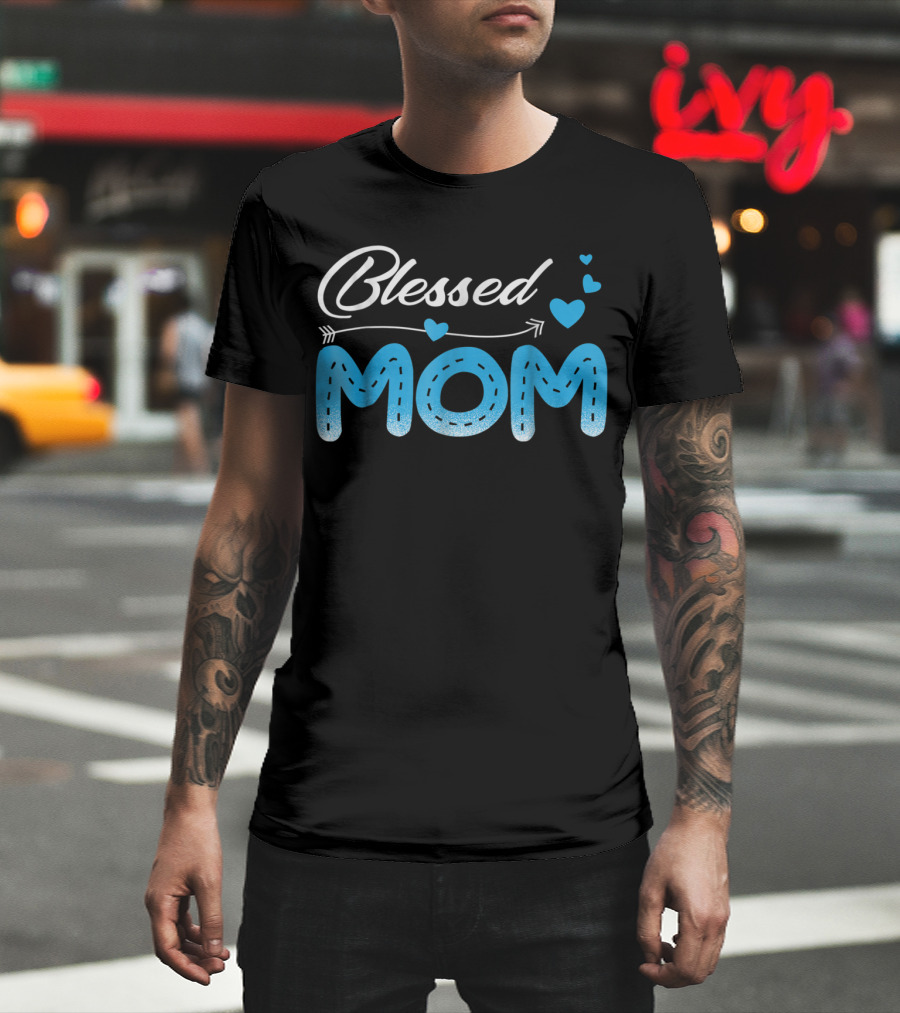 Blessed Mom Arrow Heart Blue Stitch T-Shirt