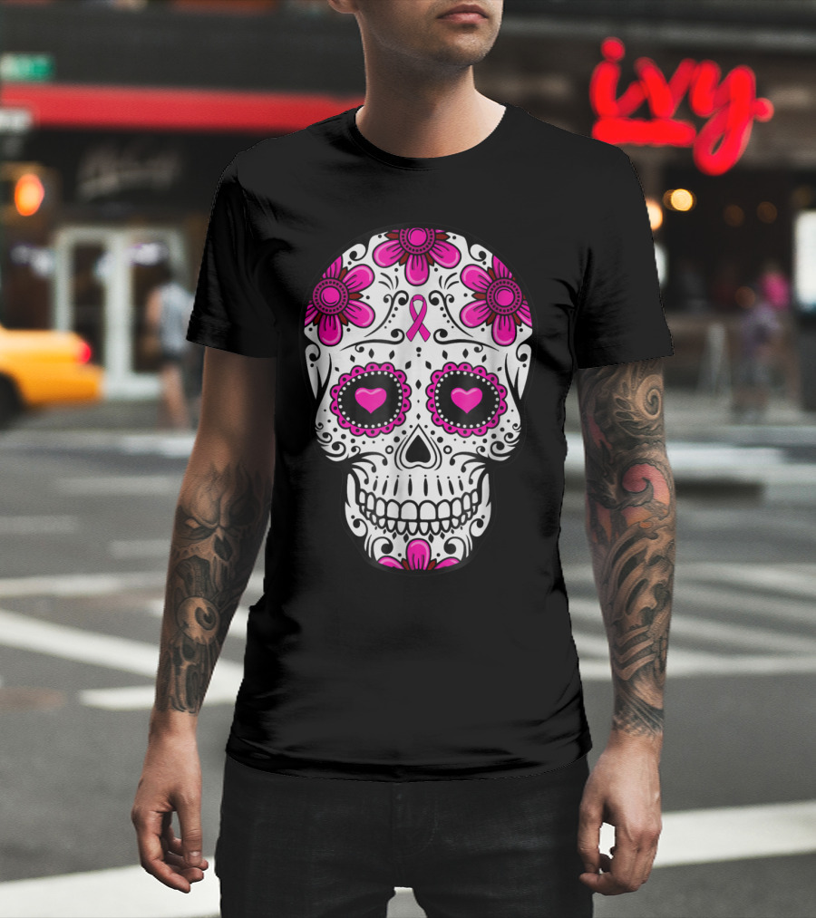 Breast Cancer Awareness Skull Pink Ribbon Mom Wife Floral T-Shirt