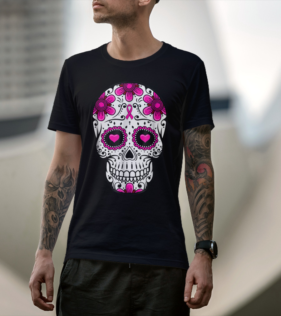 Breast Cancer Awareness Skull Pink Ribbon Mom Wife Floral T-Shirt