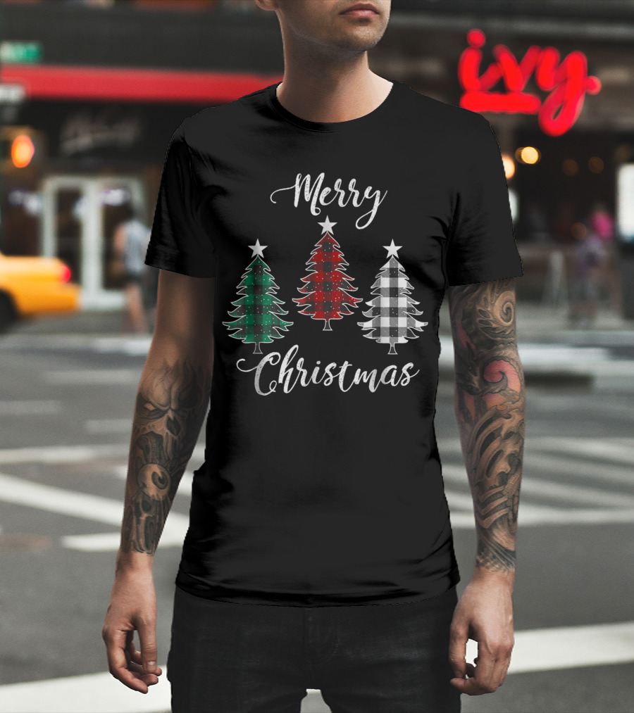 Merry Christmas Buffalo Plaid Trees Dad And Kids T-Shirt